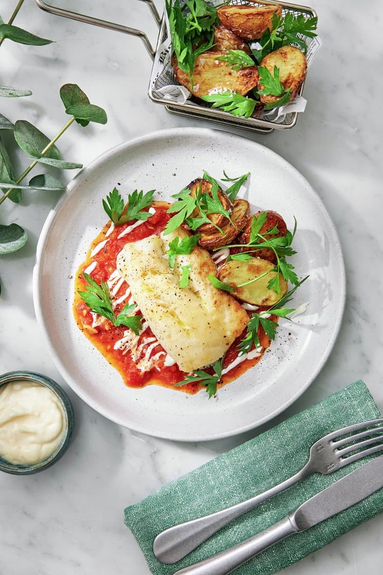 Torskfilé meunière med kryddig tomatsås - Recept - Linas Matkasse